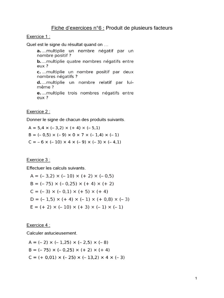 Fiche Exercice N°6 Produit de Plusieurs Facteurs | PDF