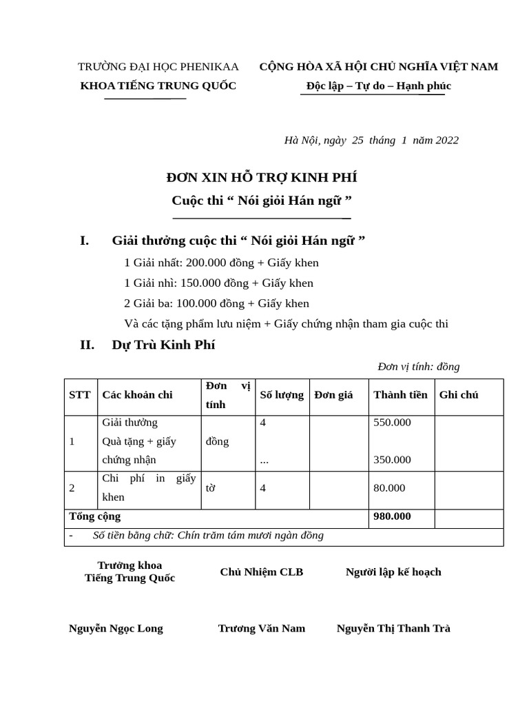 Đơn Xin H TR Kinh Phí - CLB | PDF