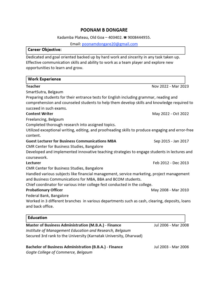 Poonam CV | PDF