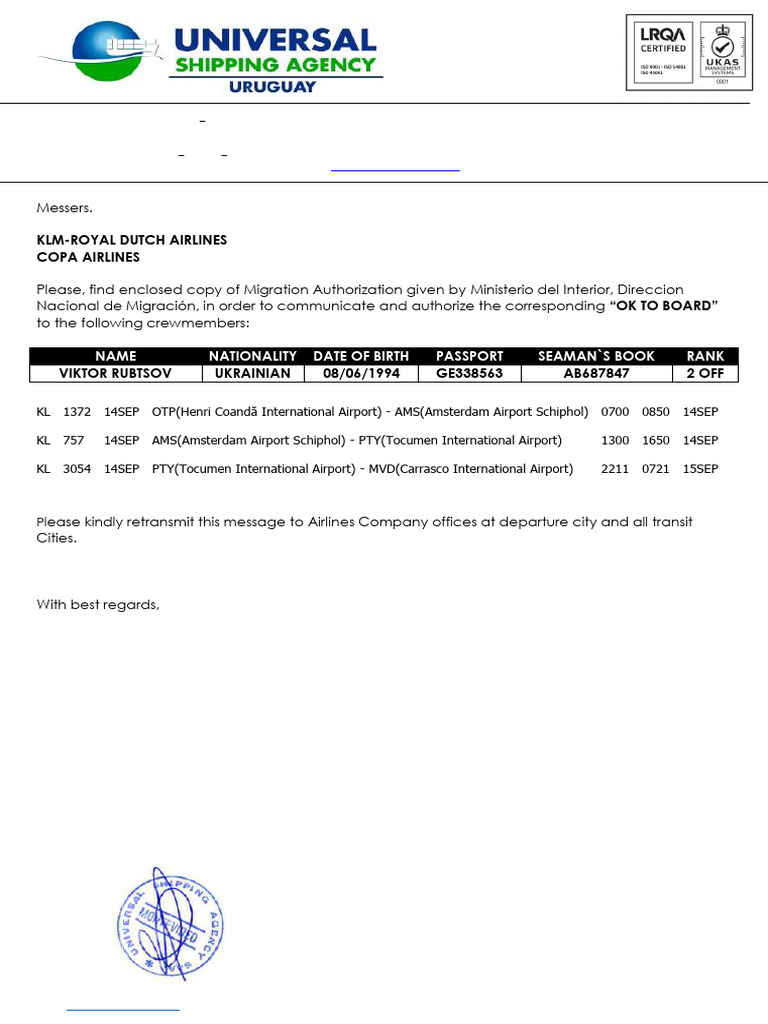 Crew Travel Authorization Notice | PDF