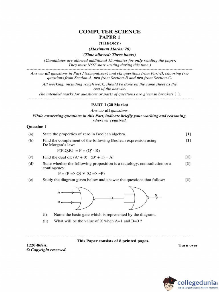 ISC Class 12 Computer Science Paper 1 Question Paper 2020 | PDF