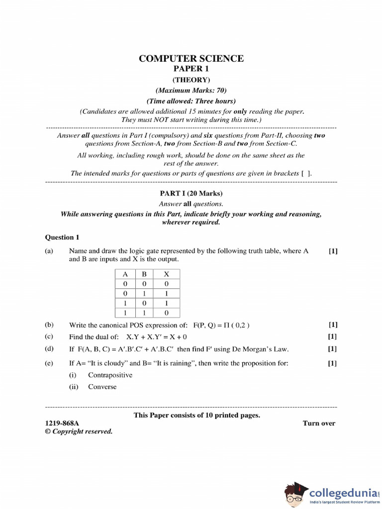 ISC Class 12 Computer Science Paper 1 Question Paper 2019 | PDF