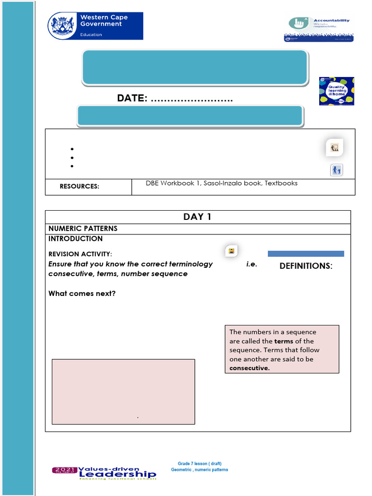 Lesson Plan Gr. 7 Mathematics Term 2 Week 5&6 Geometric & Numeric ... Lesson Plan Gr. 7 Mathematics Term 2 Week 5&6 Geometric & Numeric ...