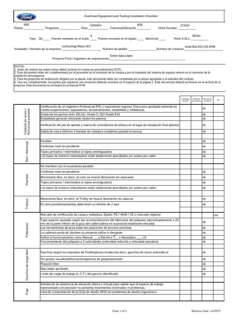 Overhead Equipment Installation Checklist | PDF