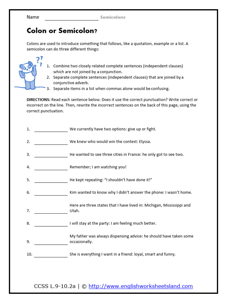 Colon or Semicolon - Worksheet Grammar Practice | PDF