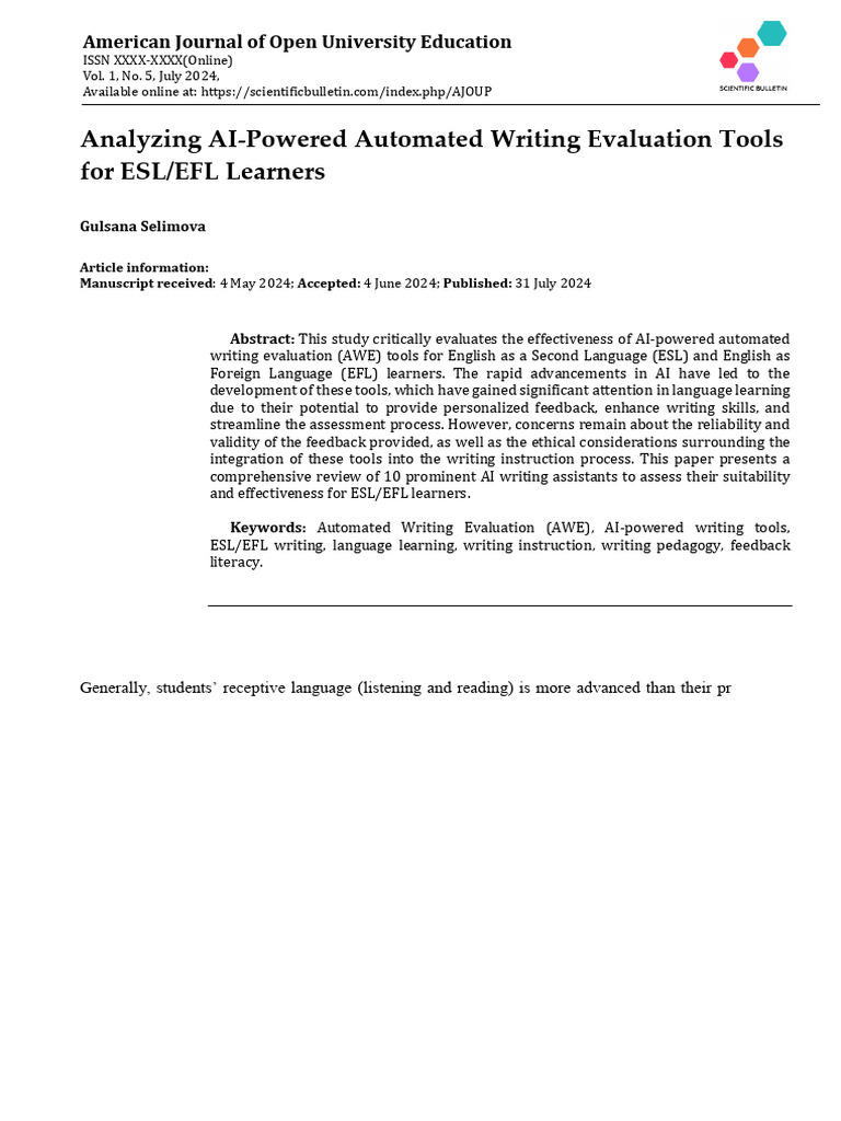 Analyzing AI-Powered Automated Writing Evaluation Tools For ESL/EFL Learners | PDF