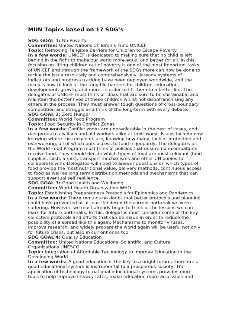 MUN Topics Based On 17 SDG | PDF | Climate Change | Politics