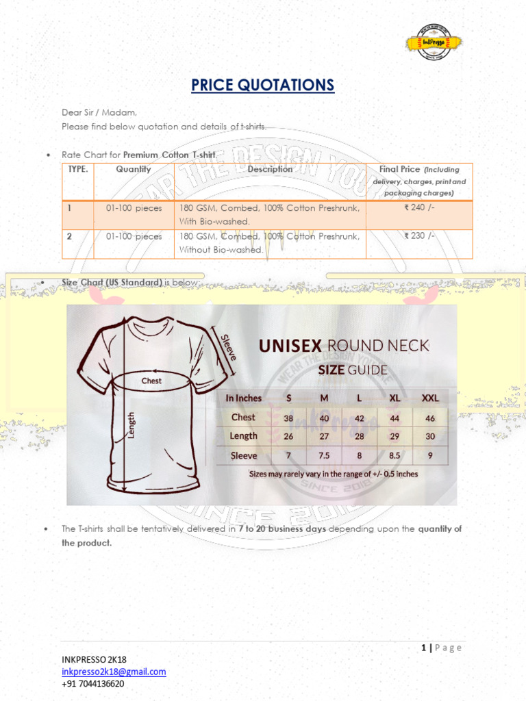 1 - 100 Pcs Cotton 180 GSM Quotation | PDF