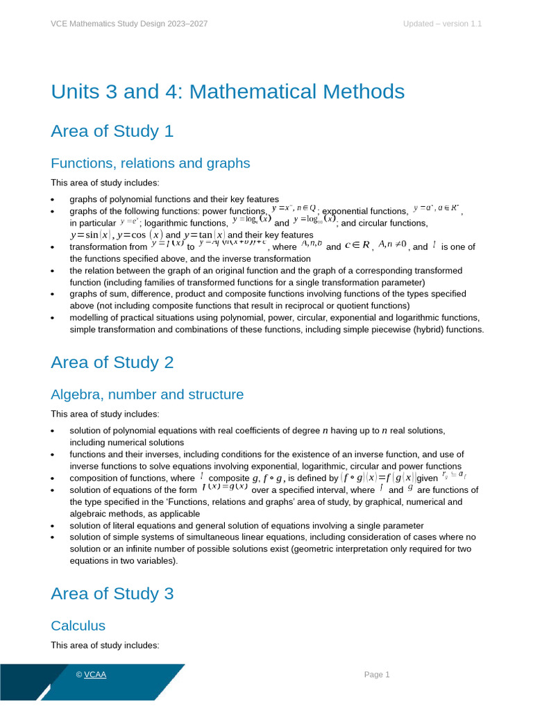 VCE Methods 3 & 4 Study Design | PDF | Function (Mathematics) | Teaching Methods & Materials