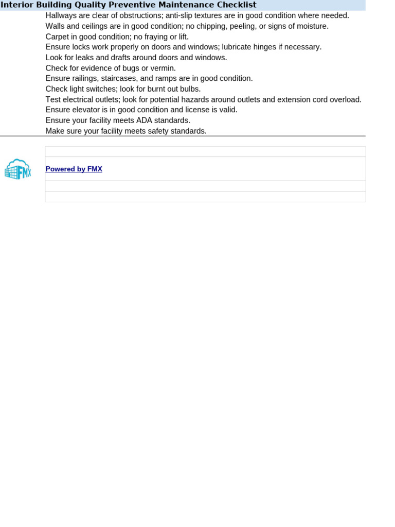 Interior Building Quality Preventive Maintenance Checklist | PDF