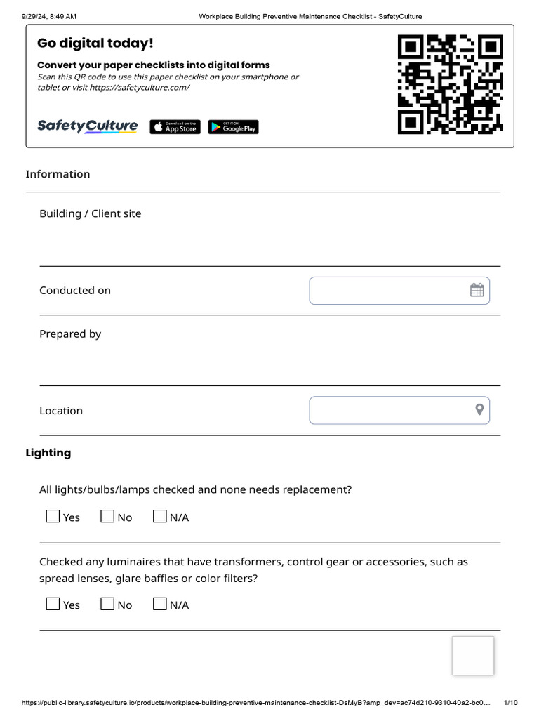 Workplace Building Preventive Maintenance Checklist - SafetyCulture | PDF