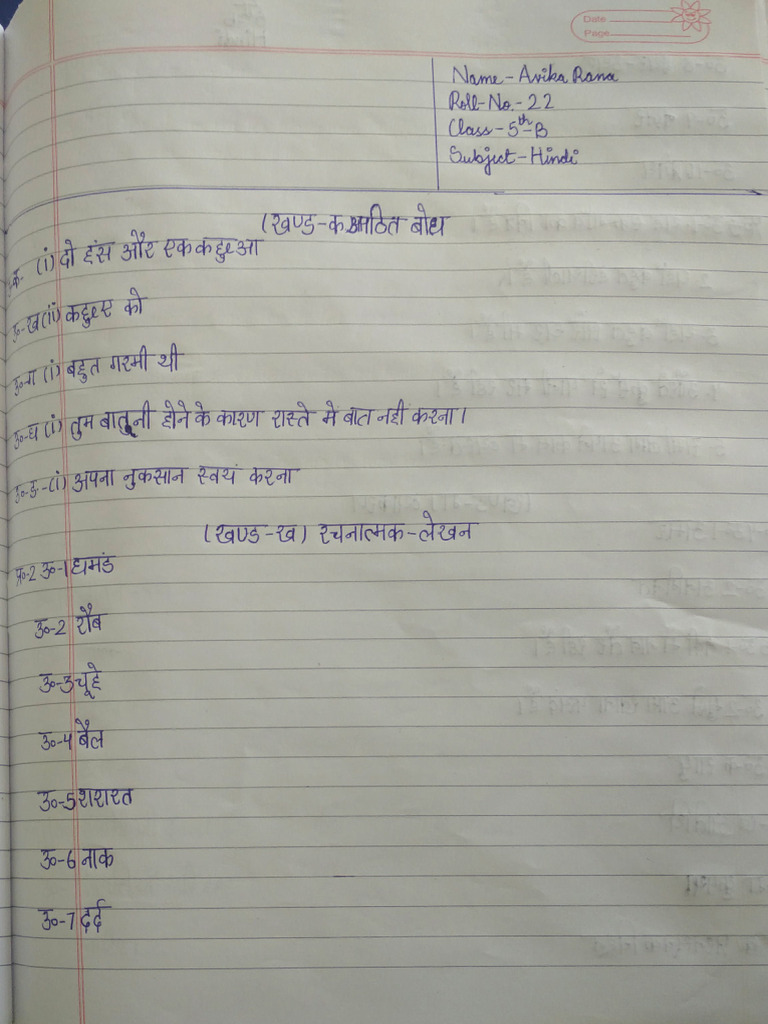 Avika Rana V-B Roll-No 22 Hindi Final Paper | PDF