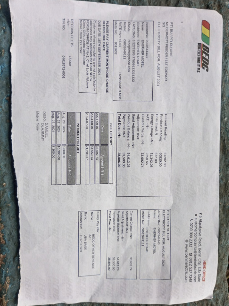 PHCN Bill Enerhen Motel | PDF
