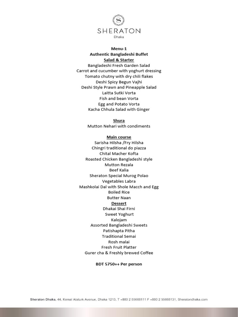 Sheraton Dhaka Buffet Menu - 2023 | PDF