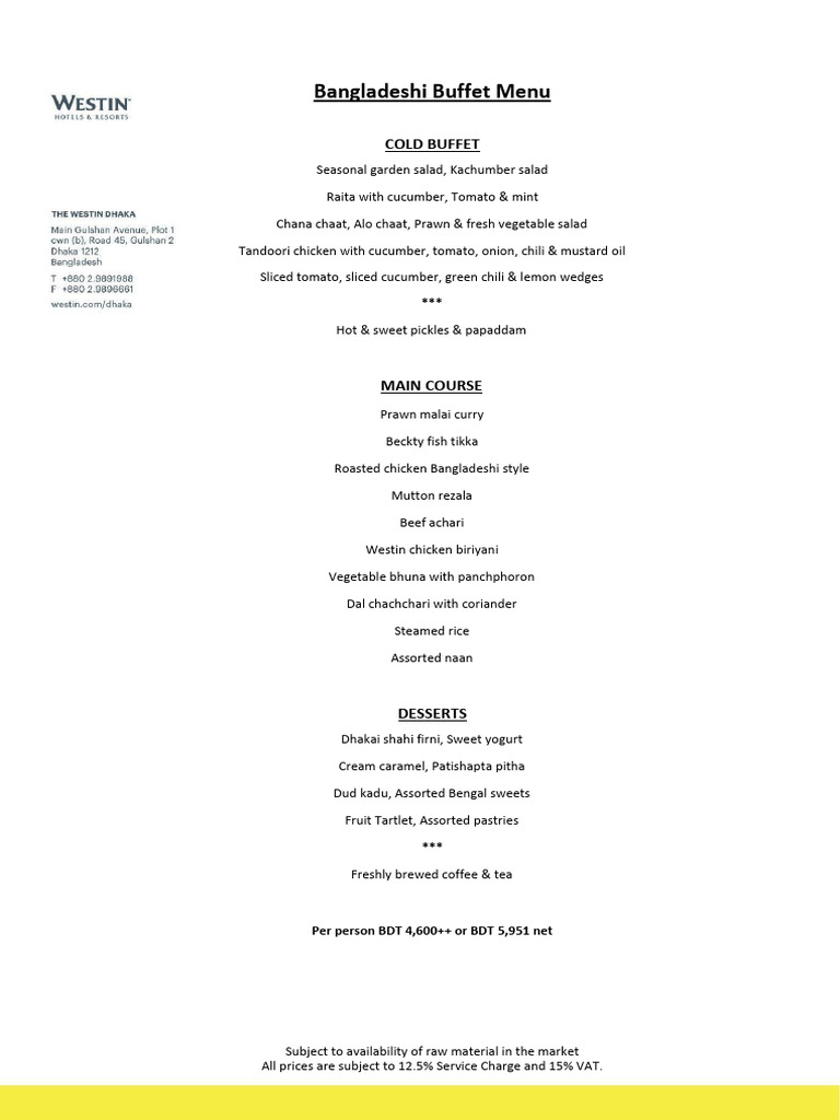 The Westin Dhaka Buffet Menu 2023 | PDF