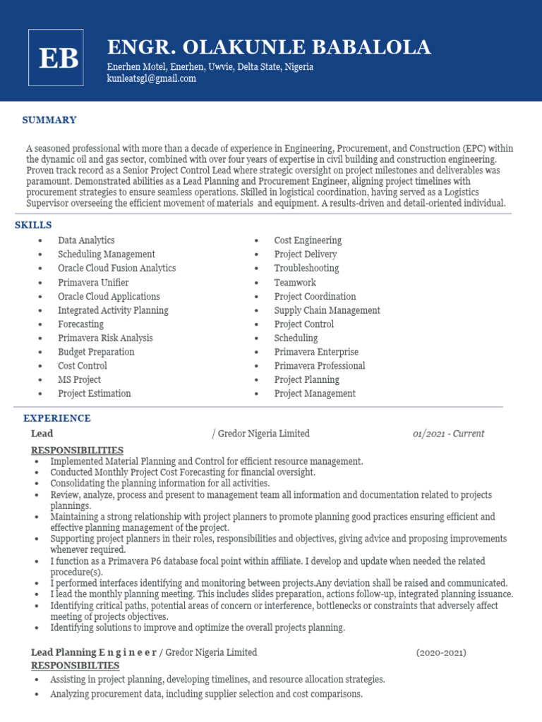 Lead Planning and Procurement Engineer-GNL | PDF