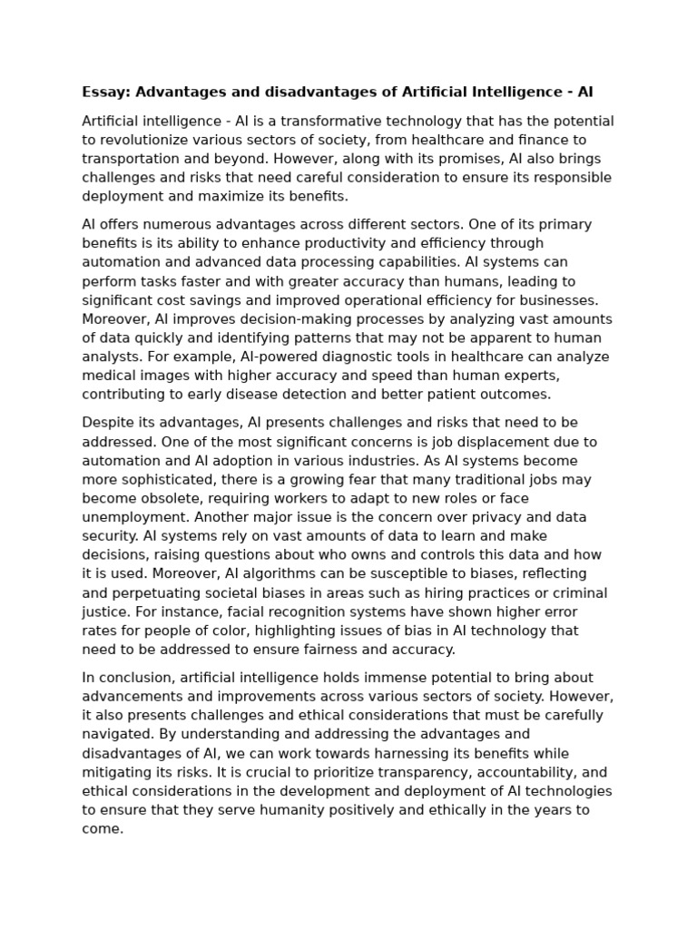 (Essay) Advantages and Disadvantages of Artificial Intelligence | PDF