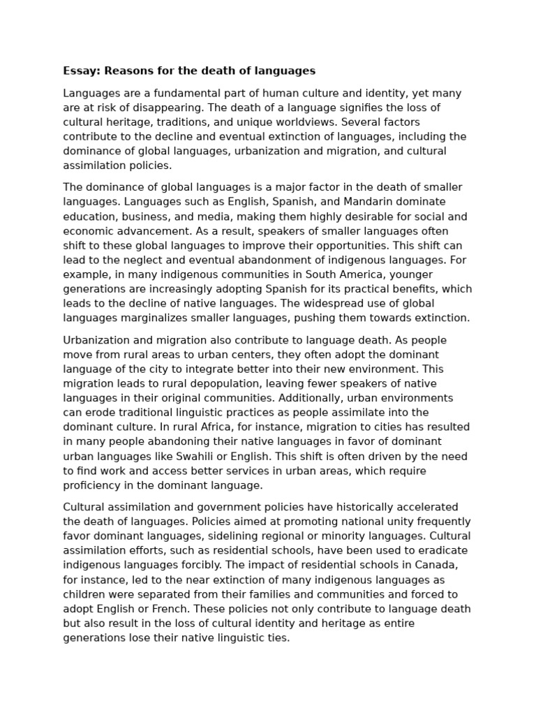 (Essay) Reasons For The Death of Languages | PDF