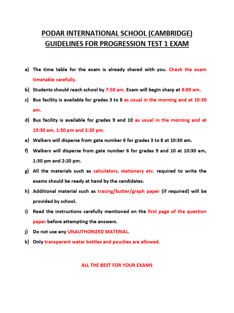 Guidelines - Progression Test 1 Exam | PDF