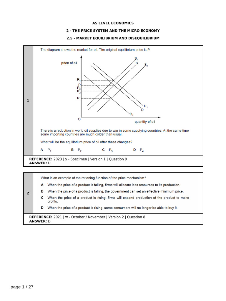 AS Level Economics - 2.5 - Market Equilibrium and Disequilibrium | PDF