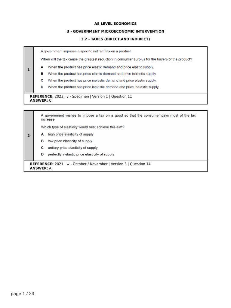 AS Level Economics - 3.2 - Taxes (Direct and Indirect) | PDF