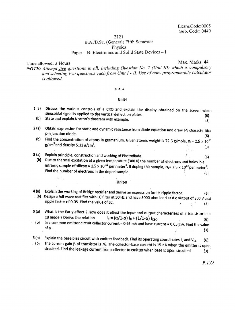 B.A B.SC General - 5th Sem - Physics - Paper-B - Electronics and Solid State Devices-I - Feb ...