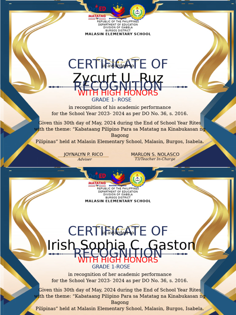 A4 With Honors Certificate of Recognition Sy 2023 2024 | PDF