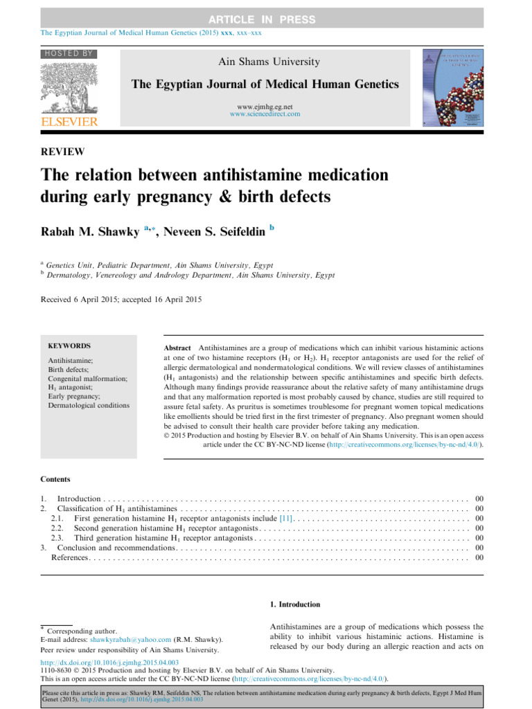 The Relation Between Antihistamine Medication During Early Pregnancy ...