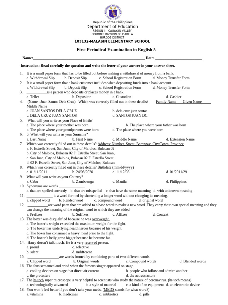 First Periodical Test English | PDF | Sentence (Linguistics) | Subject ...
