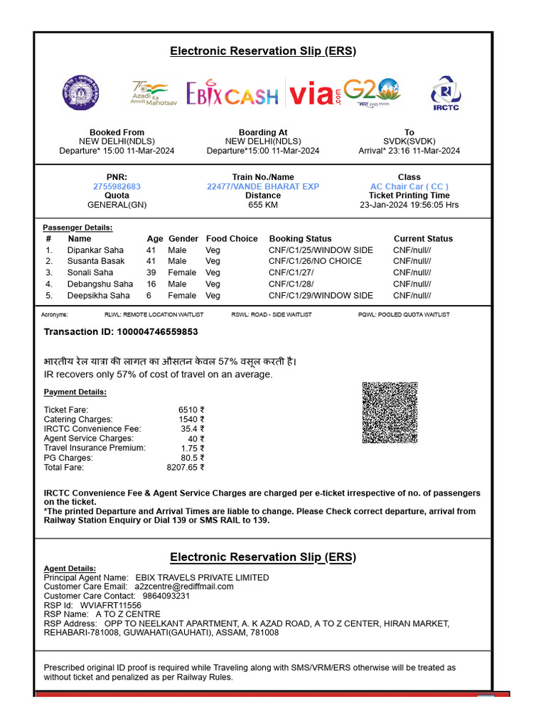 Electronic Reservation Slip (ERS) : 2755982683 22477/vande Bharat Exp ...