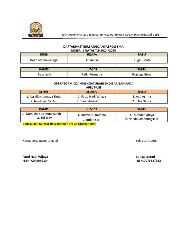 Jadwal Piket Operator Mic OSIS | PDF
