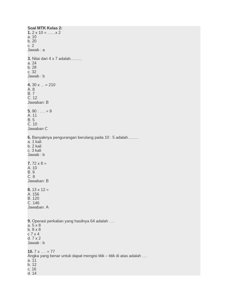 Soal MTK Kelas 2as | PDF