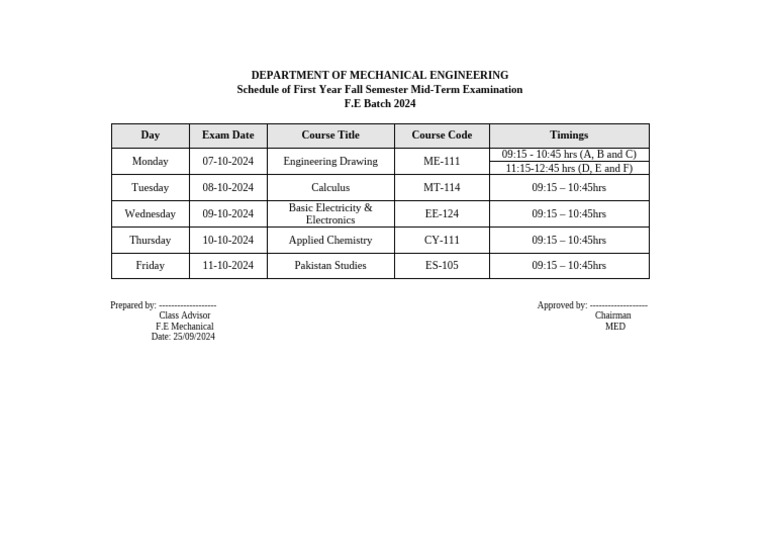 Midterm Schedule Fall 2024 | PDF