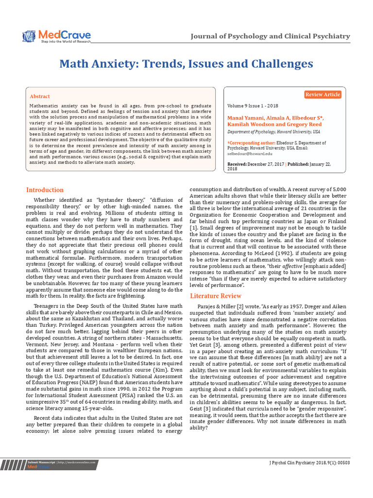 2018 Yamani - LR - Math Anxiety Trends, Issues and Challenges | PDF
