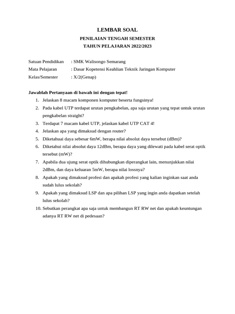 LEMBAR SOAL PTS DKK Kelas X | PDF