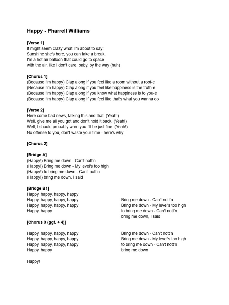 Pharrell Williams - Happy Lyrics | PDF | Language Arts & Discipline