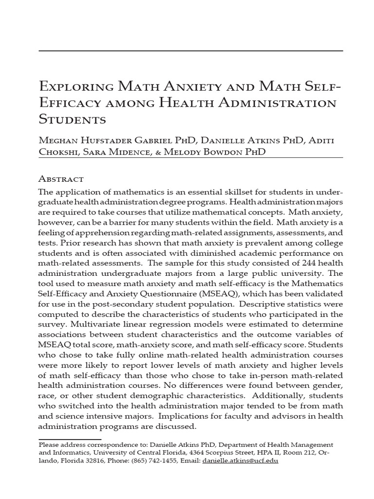2019 Gabriel - Exploring Math Anxiety and Math Self Efficacy | PDF