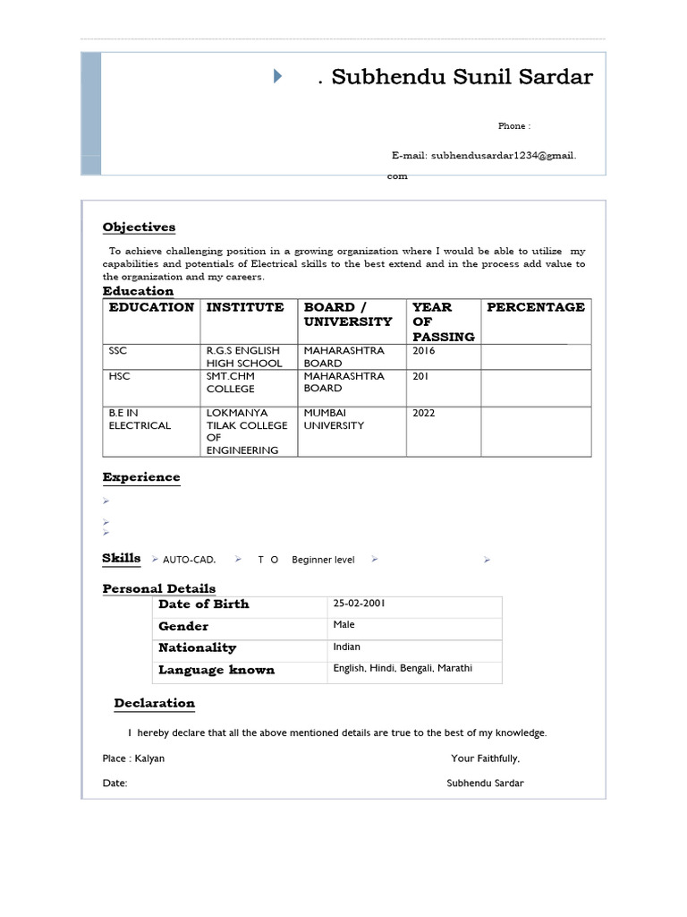 Share SUBHENDU SARDAR RESUME | PDF