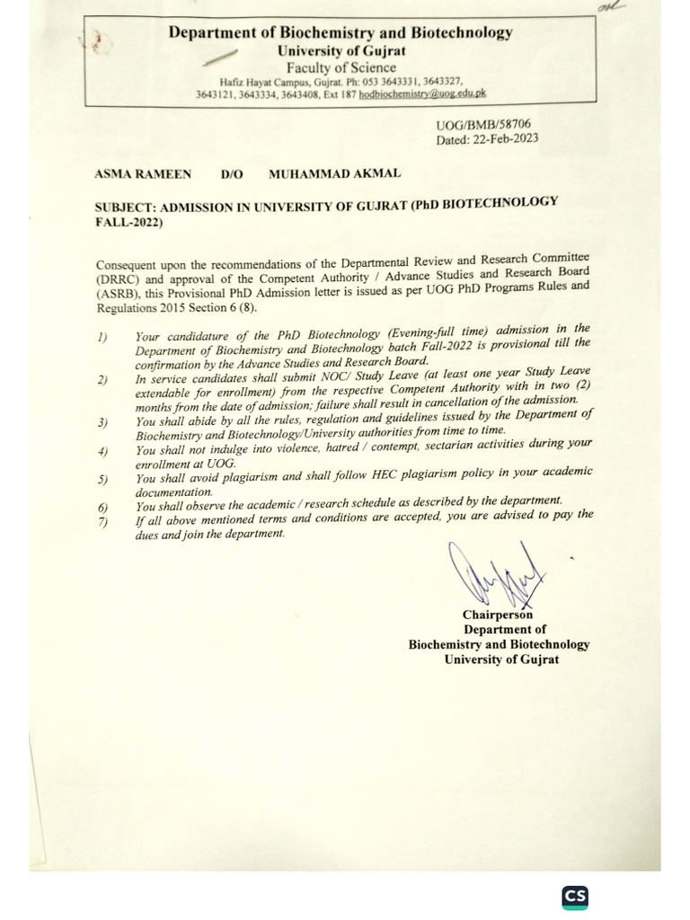 Admission Letter PHD | PDF