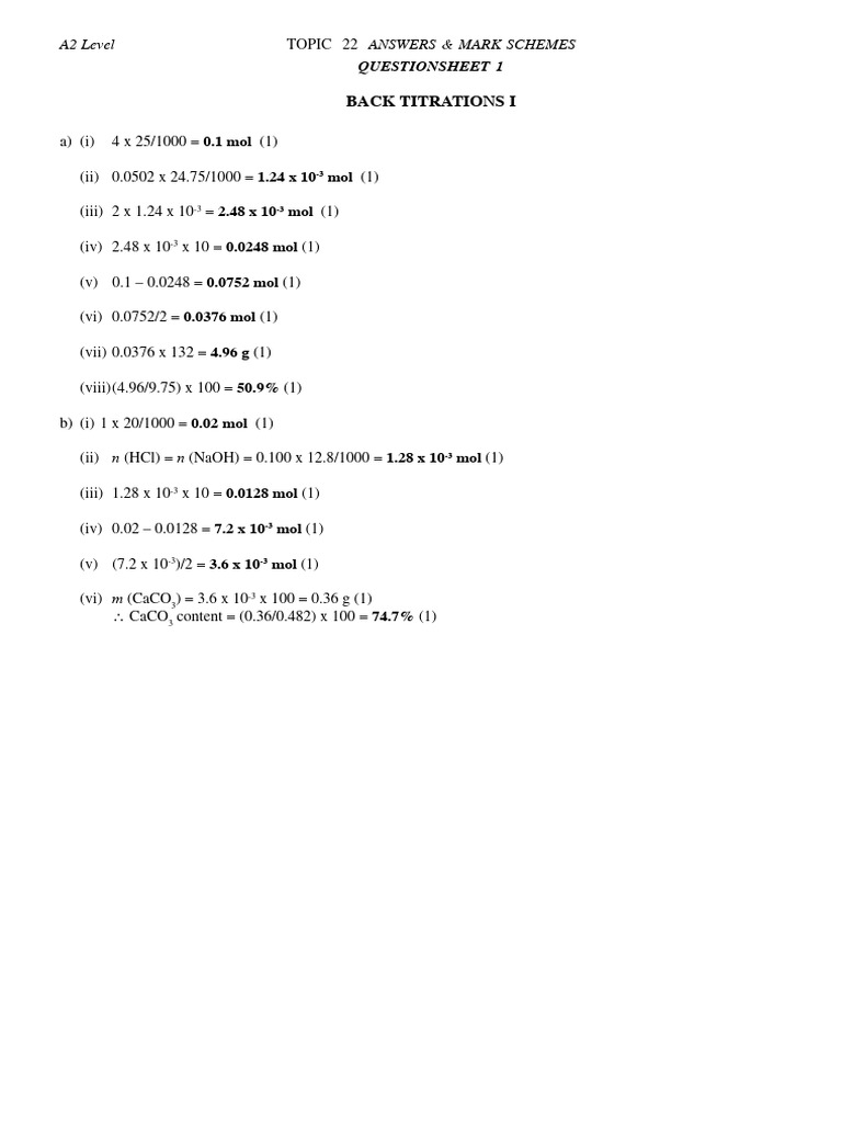 Chem - Back Titration - Uk QS 1&2 - Ans | PDF