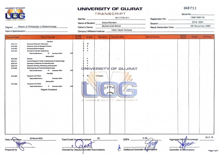MPhil Transcript | PDF