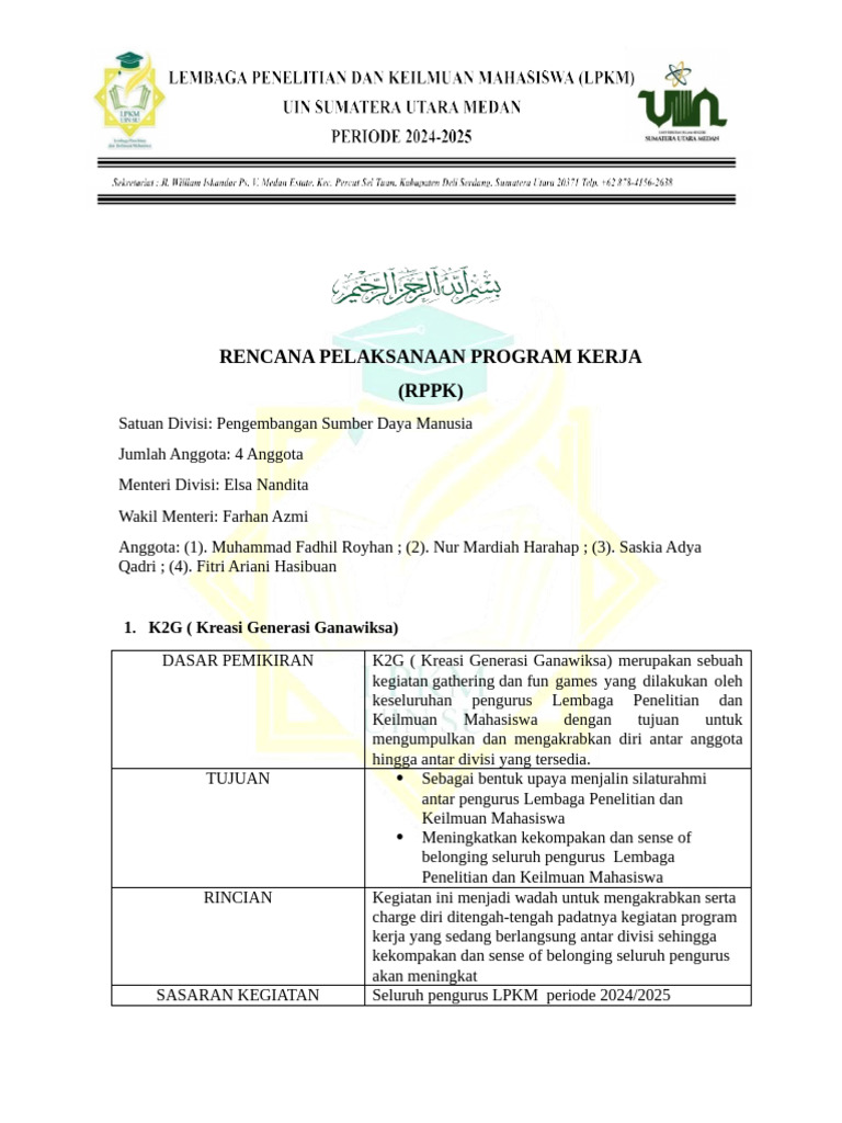 Rencana Pelaksanaan Prrogram Kerja (RPPK) Divisi PSDM | PDF