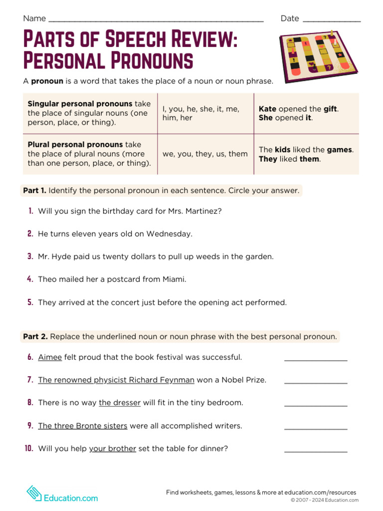 Parts of Speech Review Personal Pronouns | PDF