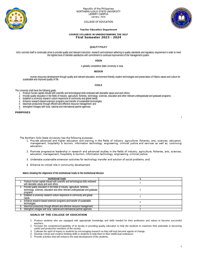 COURSE SYLLABUS Understanding The Self GE 3a 2023 | PDF