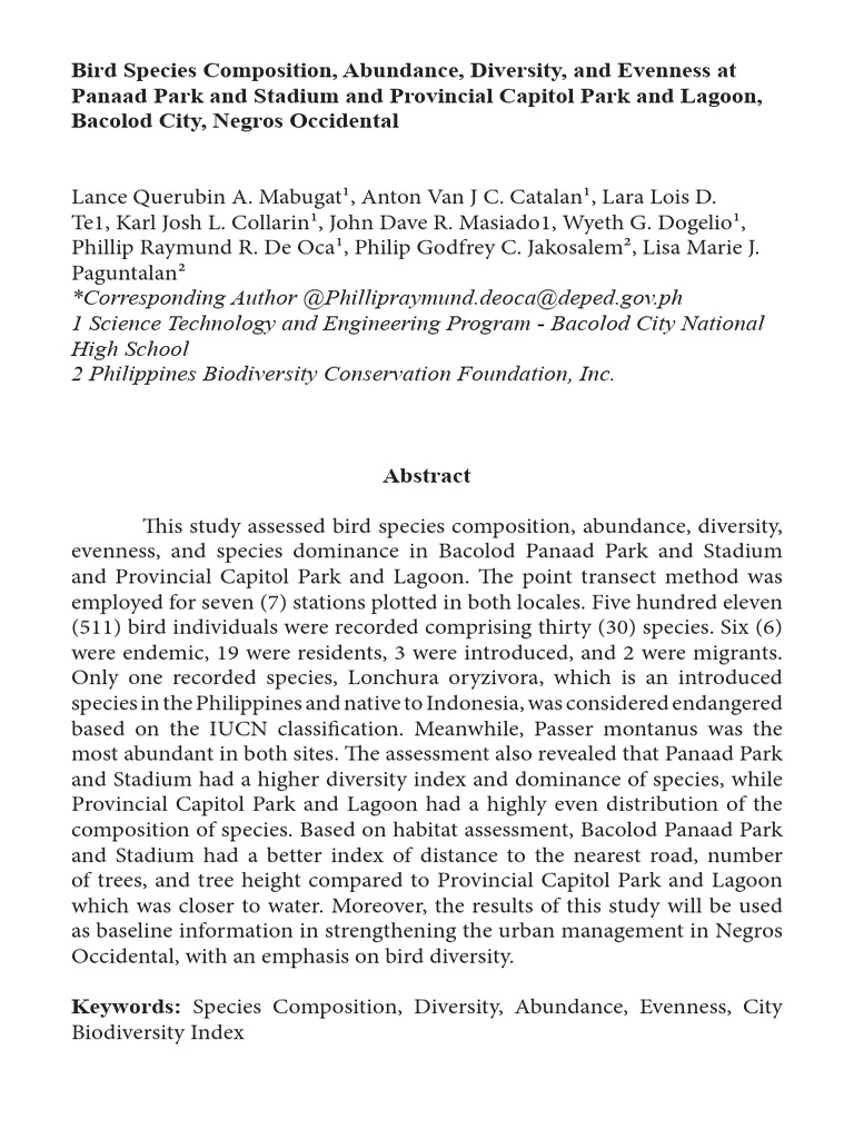 Bird Species Composition, Abundance, Diversity, and Evenness at Panaad ... Bird Species Composition, Abundance, Diversity, and Evenness at Panaad ...