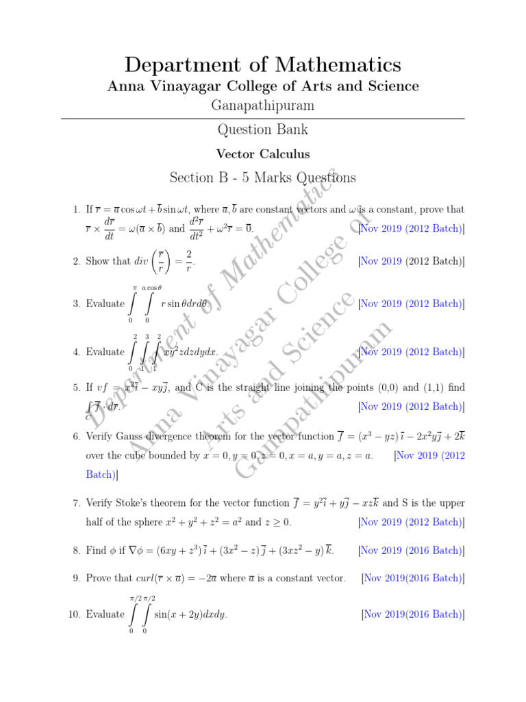 Vector Calculus Question Bank Part B | PDF