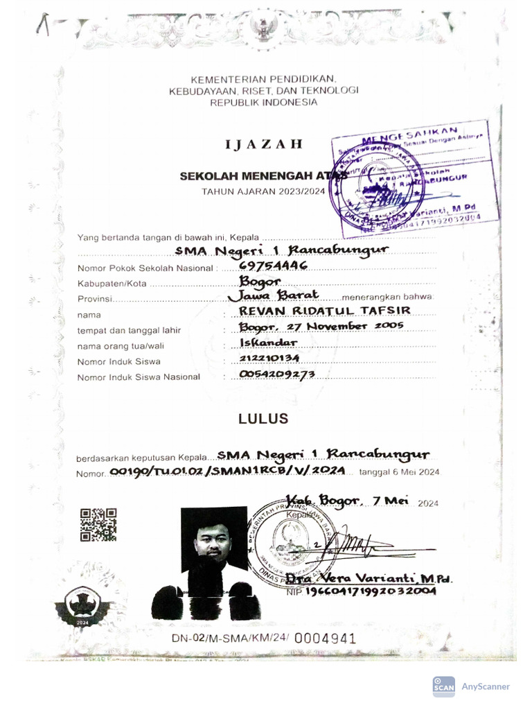 Ijazah Dan Transkrip Nilai Revan | PDF