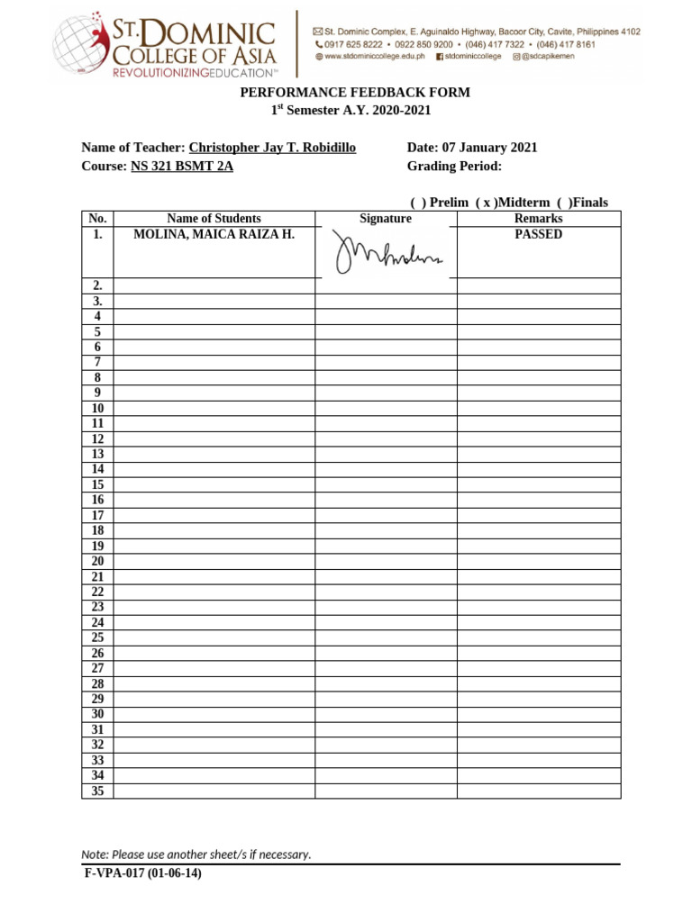 PERFORMANCE-FEEDBACK-FORM (NS 321 MT2A) Midterm | PDF
