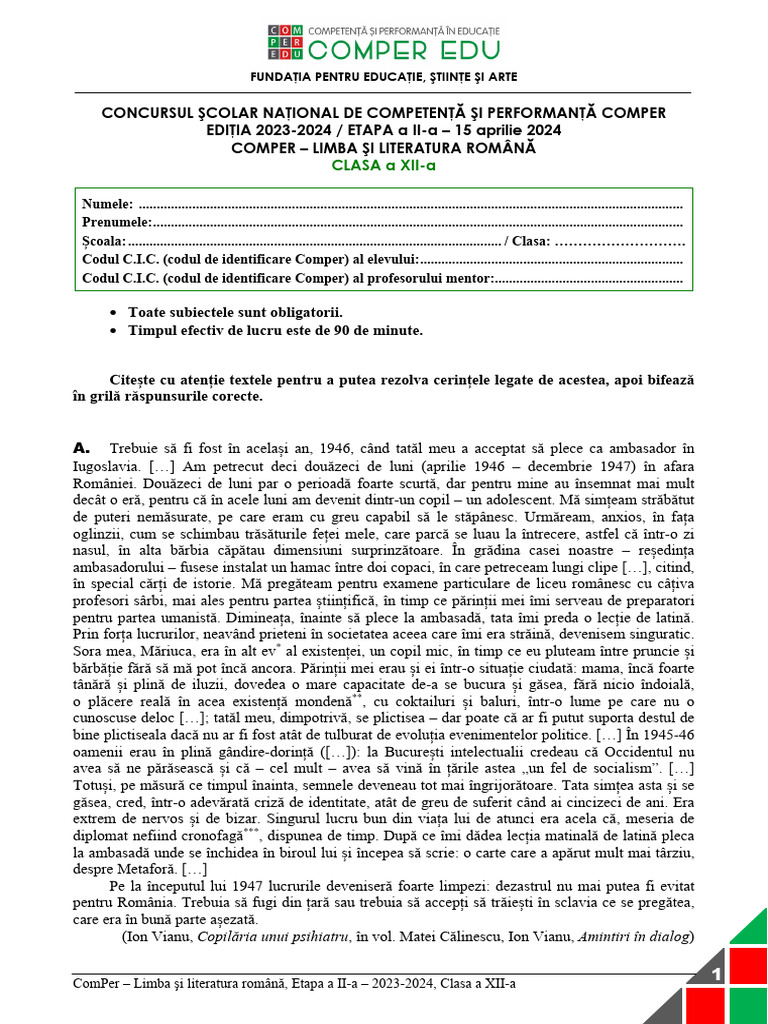 Subiect Comper Romana EtapaII 2023 2024 Clasa12 | PDF