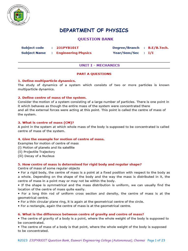 231PYB101T Question Bank | PDF